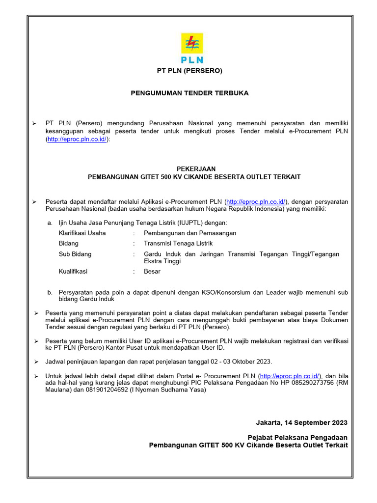Tender Pembangunan GITET Cikande | PDF | Pengelolaan Keuangan & Uang ...