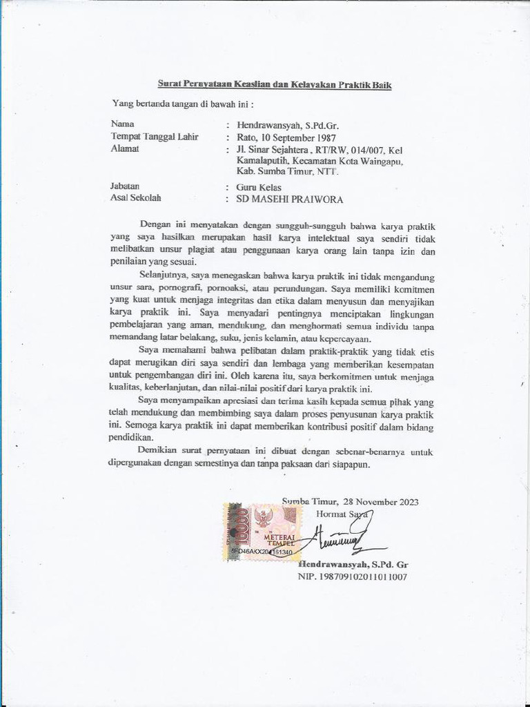 Surat Pernyataan Hendra | PDF