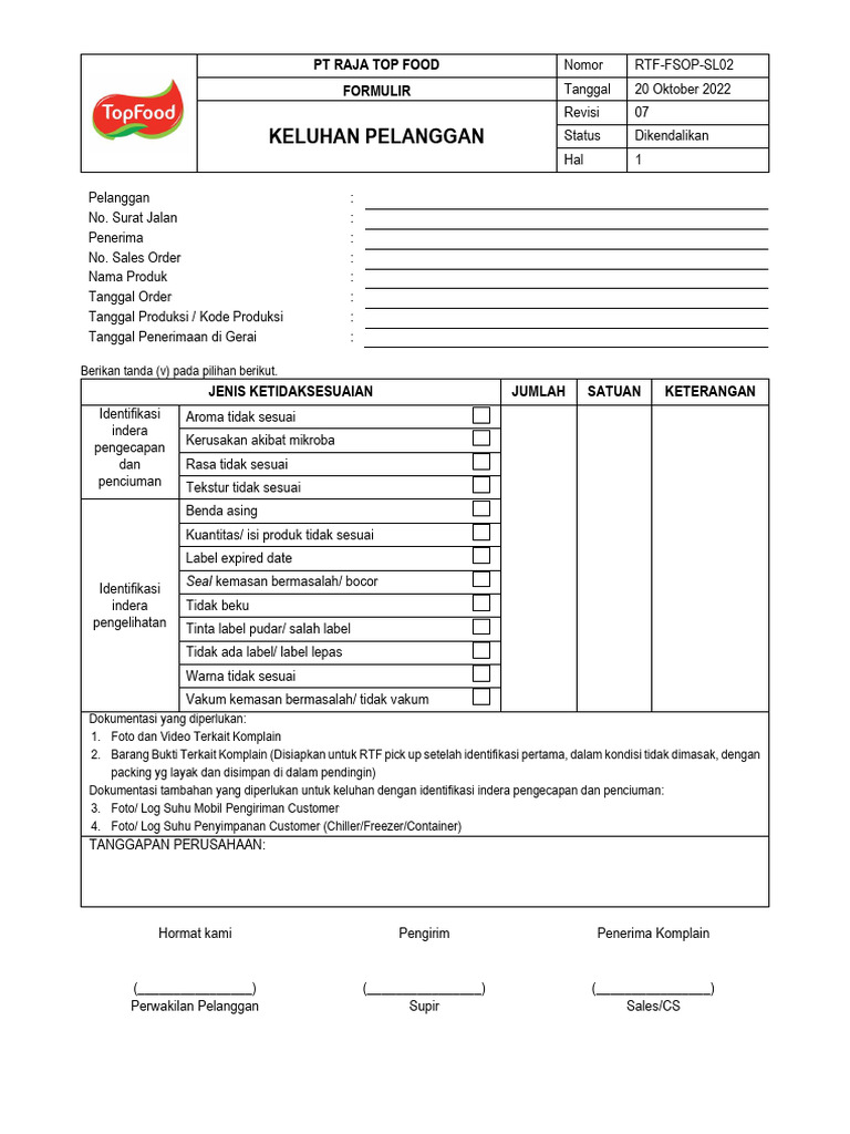 RTF-FSOP-SL02 Form Keluhan Pelanggan | PDF