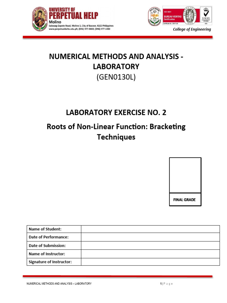 Nm Laboratory 2 Roots Non Linear Function Bracketing Methods Pdf