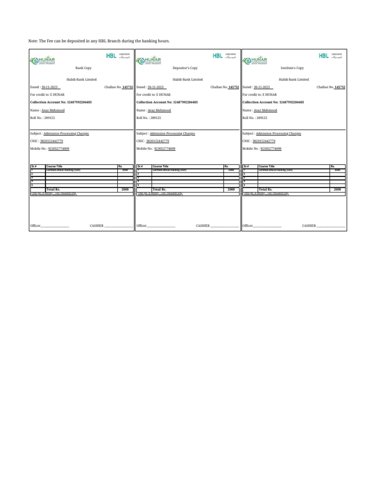 E HUNAR Admission Fee Challan | PDF | Private Sector | Financial Economics