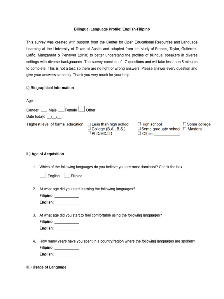 Bilingual Language Profile | PDF | English Language | Multilingualism