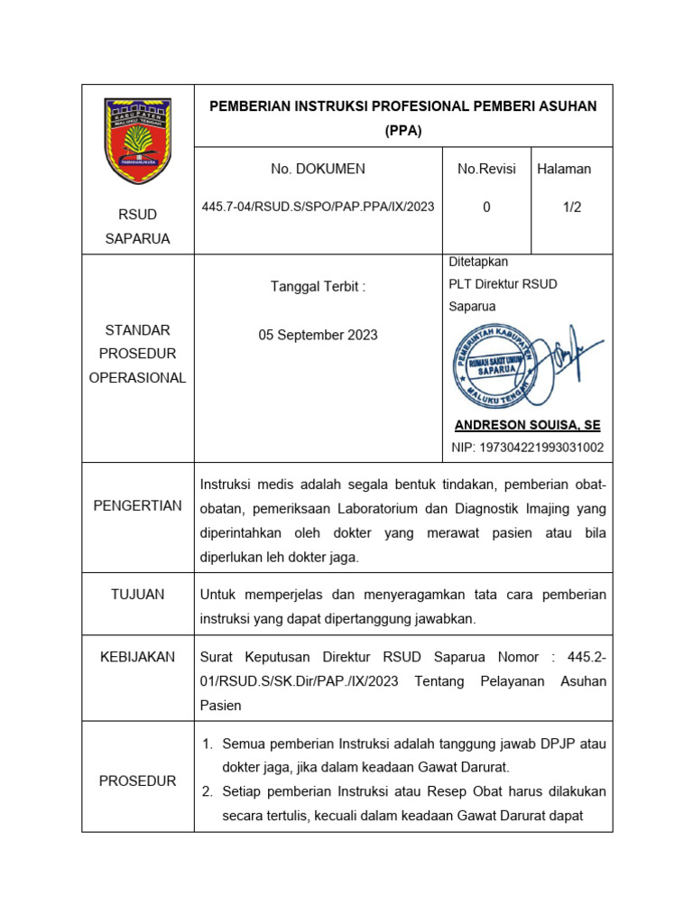 Sop 4 Soap Pemberian Instruksi (Ppa) | PDF