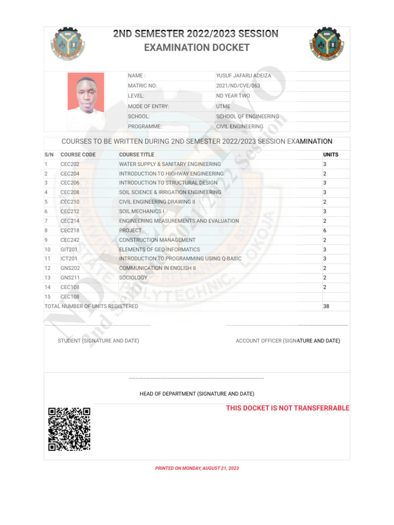 EXAM-DOCKET - (2021 - ND - CVE - 063) - Kogi State Poly | PDF | Engineering | Physical Sciences