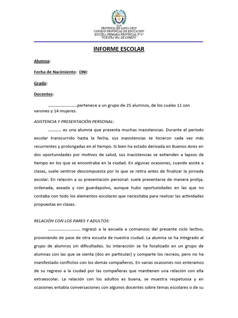 INFORME ESCOLAR Modelo | PDF | Educación primaria | Enseñando