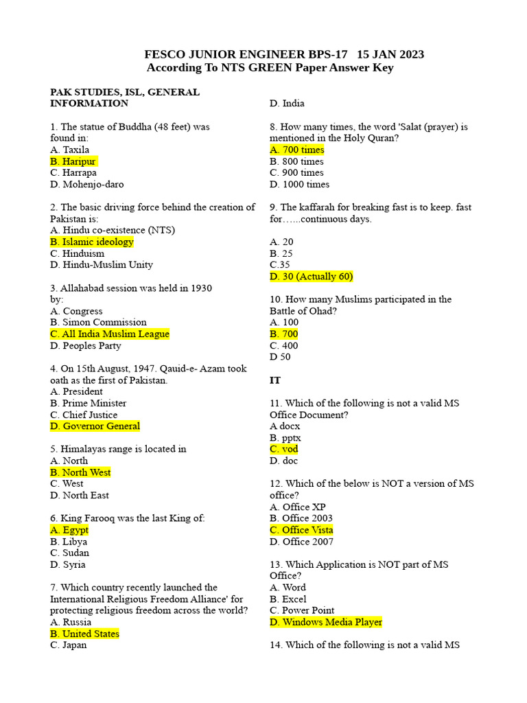 FESCO JUNIOR ENGINEER BPS-17 15 JAN 2023 According To NTS Green Paper Answer Key | PDF ...