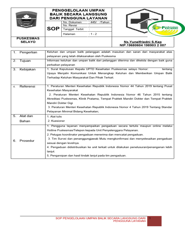 SRI WAHYUNI. SOP PENGgelolaan Umpan Balik Dari Pengguna Layanan | PDF