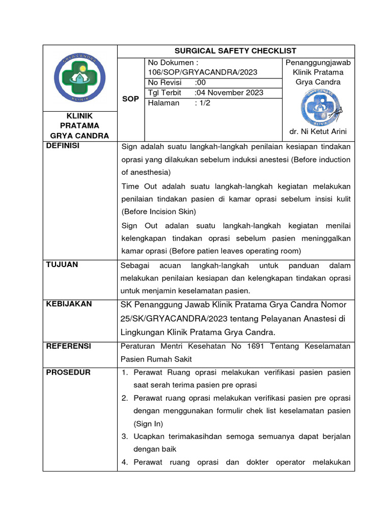 SOP Surgical Safety Checklist | PDF