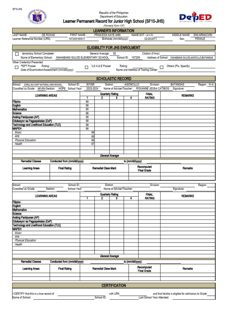 School Form 10 SF10 Learners Permanent Academic Record For Junior High ...