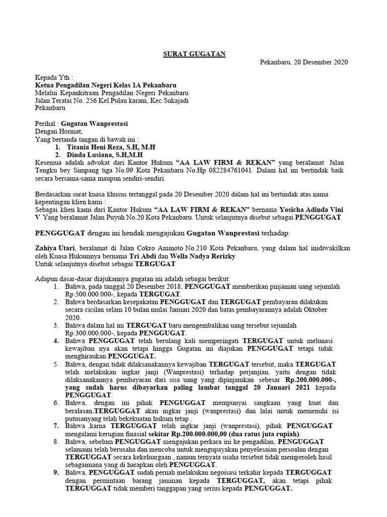 Surat Gugatan Tasya Hendrina Ramdani (181010674) | PDF