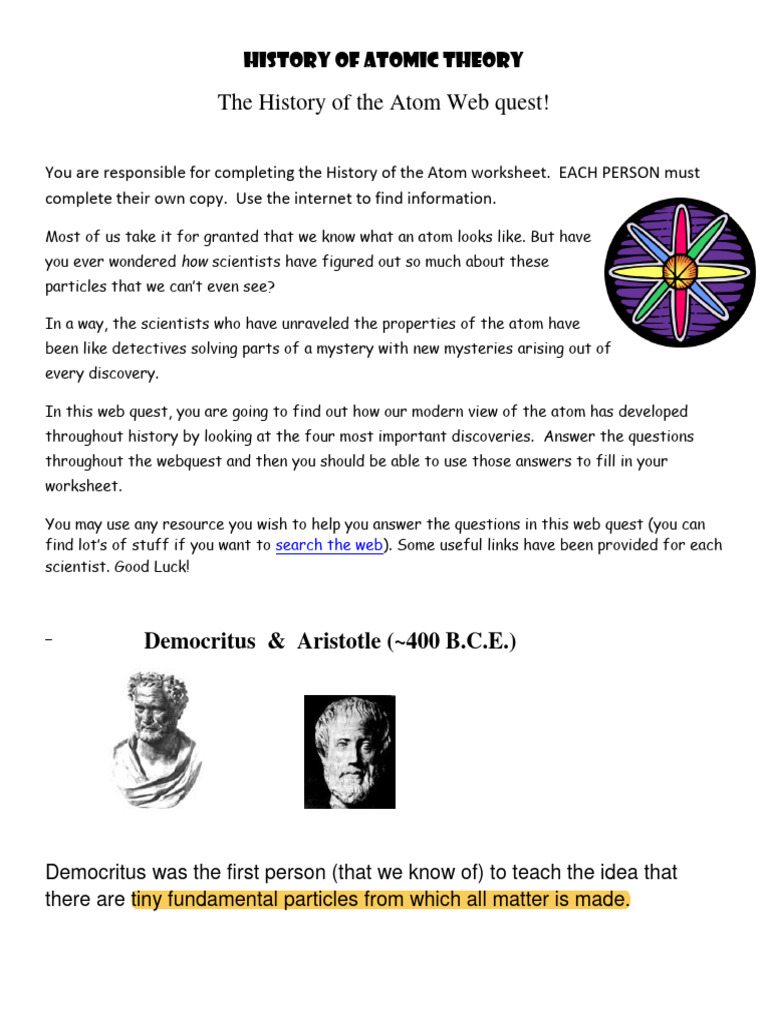 The History of The Atom Web Quest | PDF | Atoms | Chemistry
