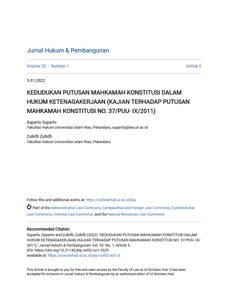 Kedudukan Putusan Mahkamah Konstitusi Dalam Hukum Ketenagakerjaan Pdf Constitutional Law 