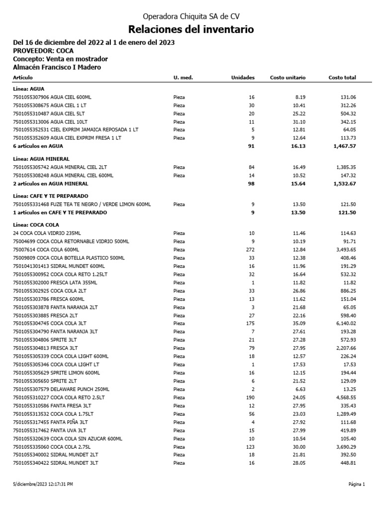Ventas de Coca Cola Suc Madero 16 Dic 22 - 01 Ene 23 | PDF | Coca Cola | Bebidas no alcohólicas