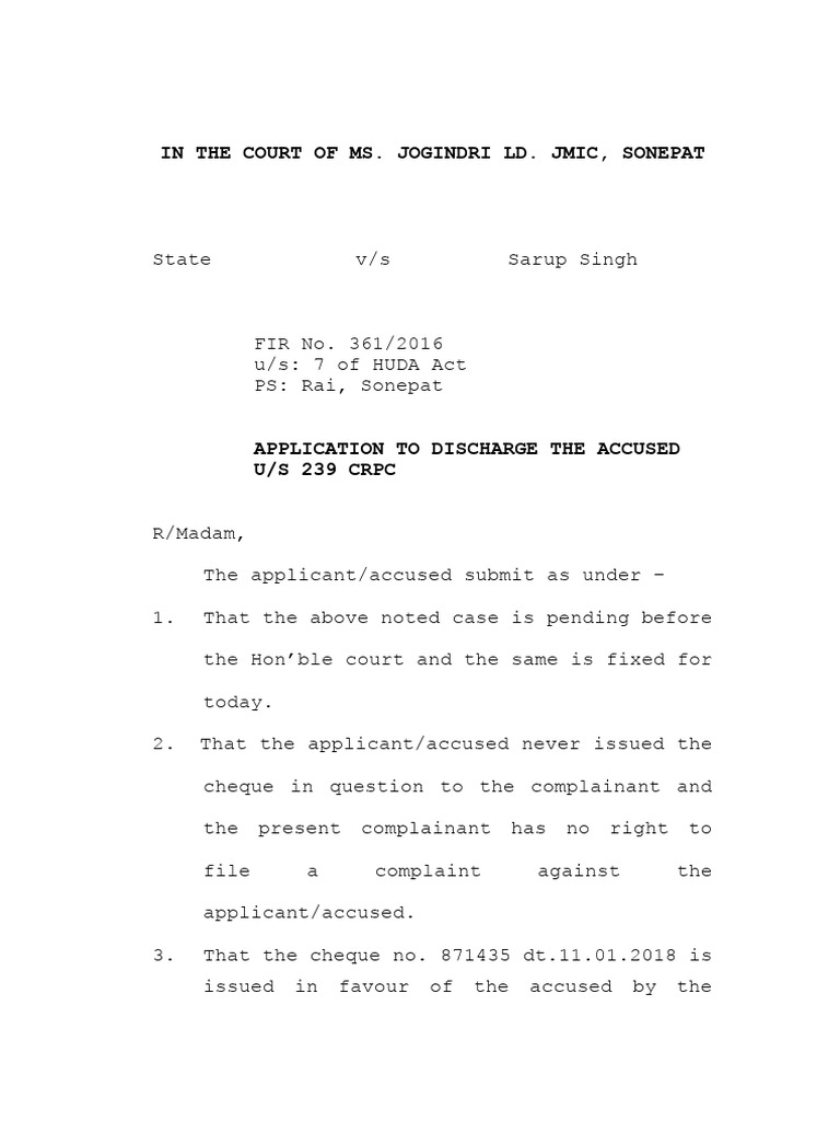 Discharge Application Under Sec 239 CrPC | PDF