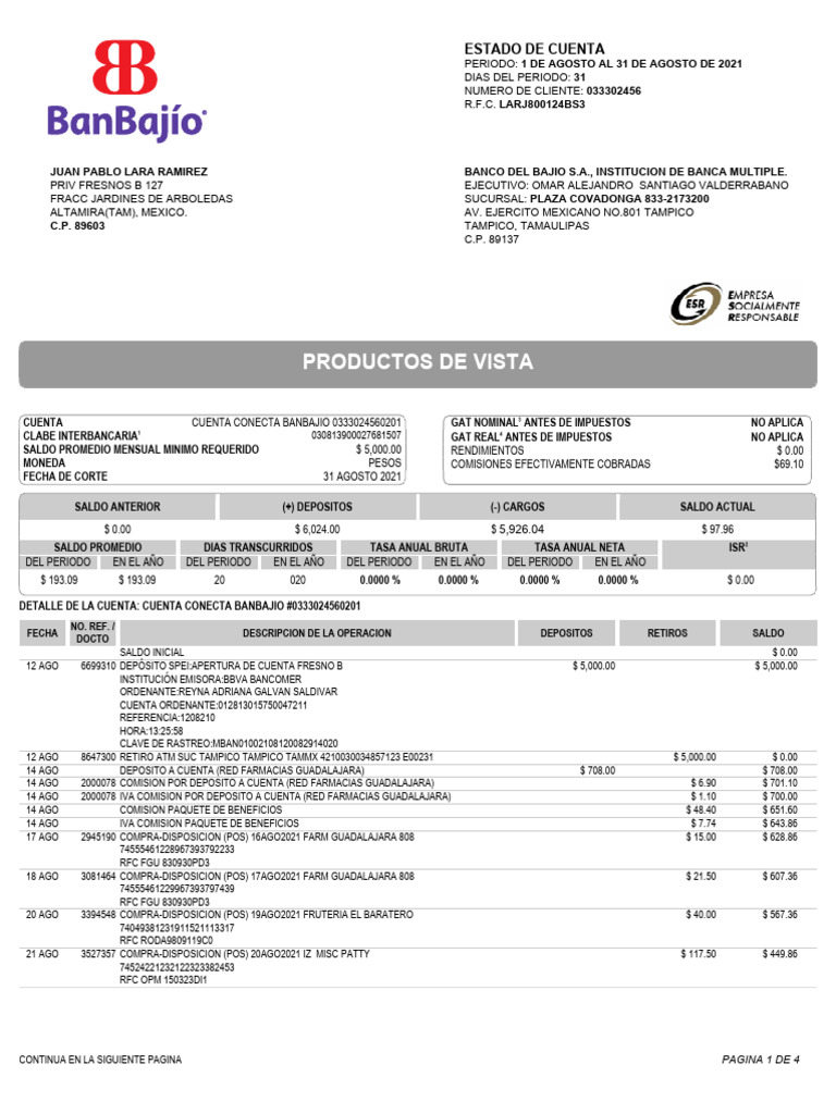 Estado de Cuenta BanBajío - Agosto 2021 | PDF | Bancos | Interés