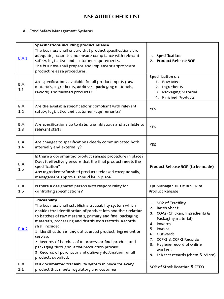 NSF Audit CHK List | PDF | Food Safety | Hazard Analysis And Critical Control Points