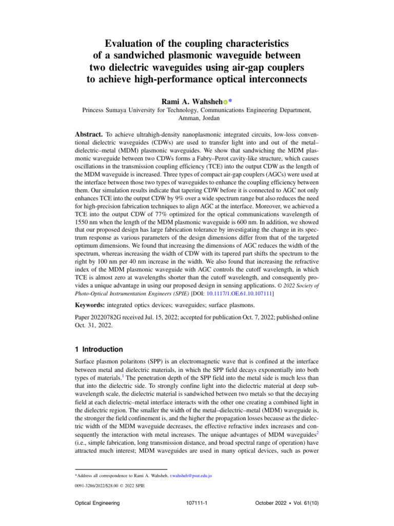 High-Performance Coupling in Plasmonic Waveguides | PDF | Waveguide ...