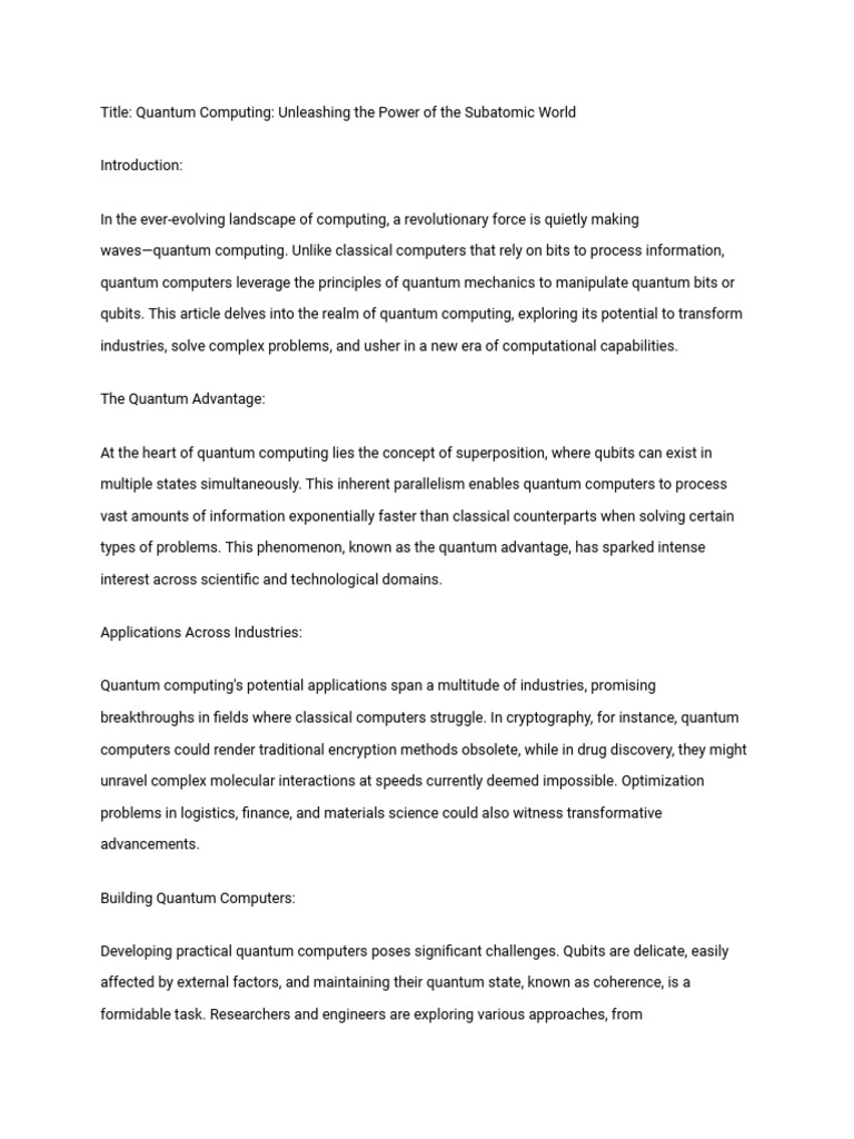 Title - Quantum Computing - Unleashing The Power of The Subatomic World | PDF | Quantum ...