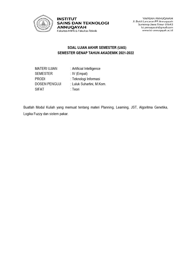 SOAL UAS Artificial Intelligence | PDF