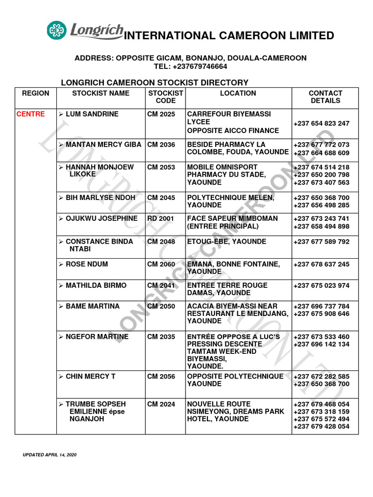 Longrich Cameroon Stockist Directory Updated 2 | PDF Longrich Cameroon Stockist Directory Updated 2 | PDF