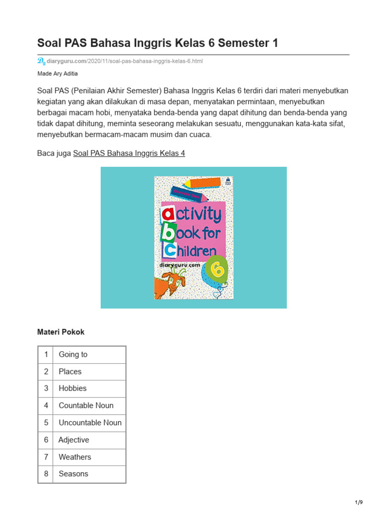 Soal PAS Bahasa Inggris Kelas 6 Semester 1 | PDF