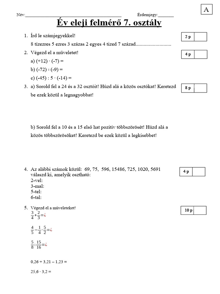 Osztály Év Eleji Dolgozat | PDF