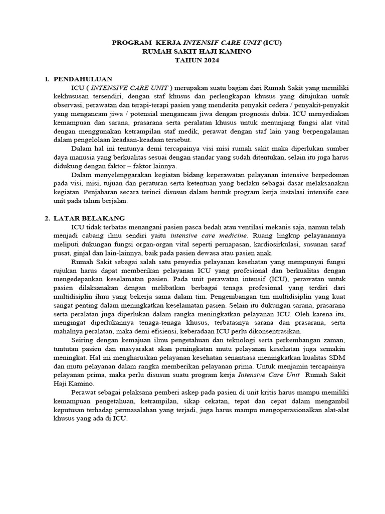 Program Kerja ICU RS Haji Kamino 2024 | PDF