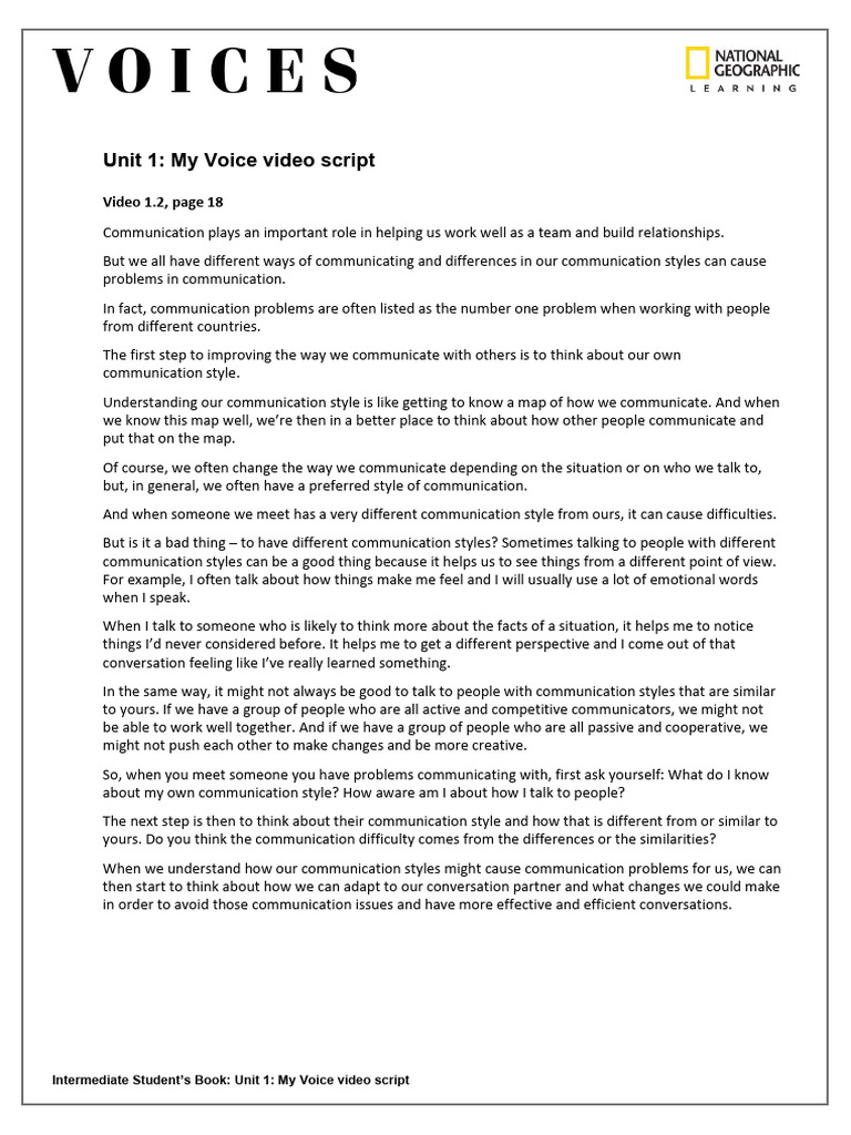 Voices Intersb All Units Lesson D Video Script | PDF | Communication ...