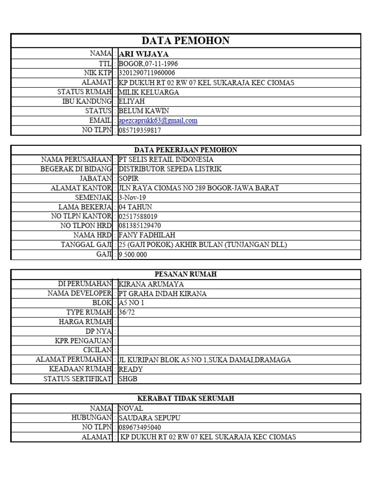 Data Pemohon KPR Ari Wijaya Bogor | PDF