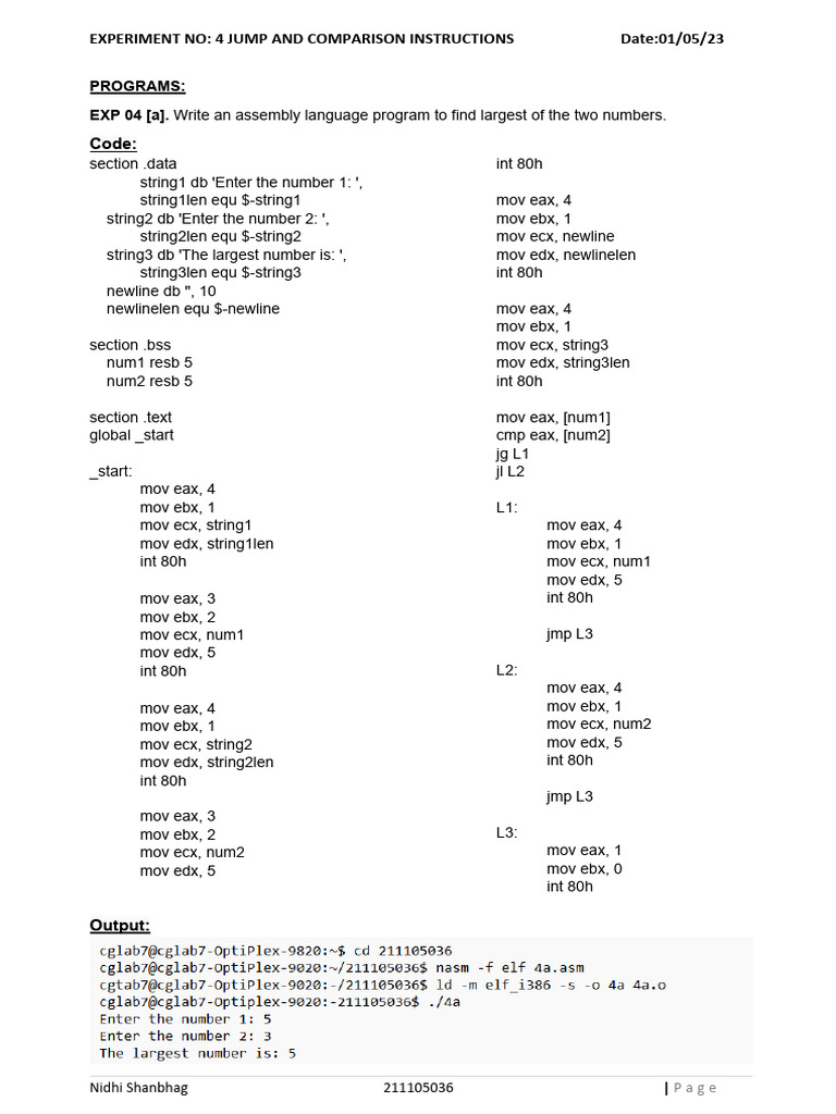 MPMC EXP 04 Code & Output Print | PDF | Software Development | Intel