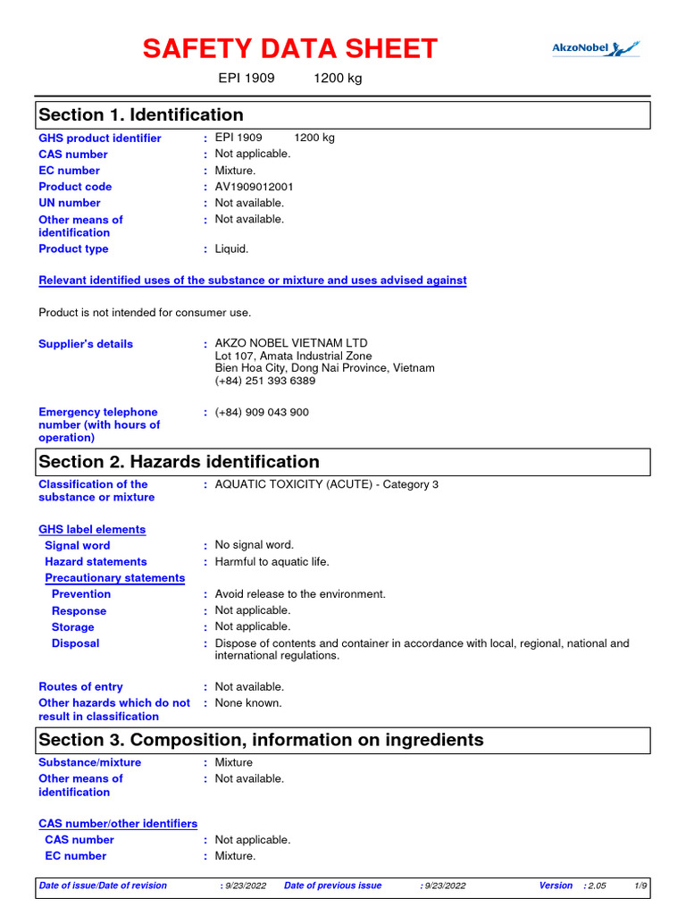 SDS Epi 1909 en 220923 | PDF | Toxicity | Waste