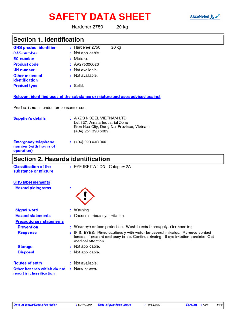 SDS Hardener 2750 EN 221004 | PDF | Toxicity | Occupational Safety And Health