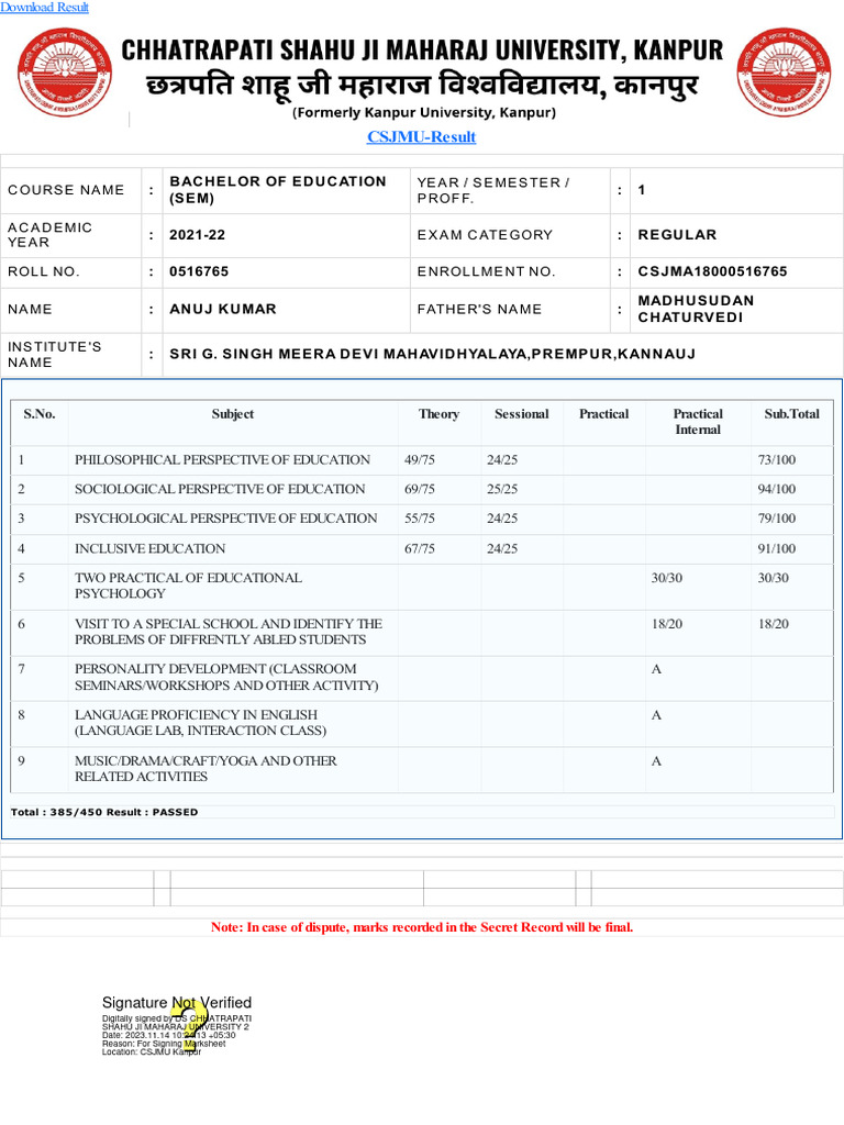 CSJMU B.Ed. Marksheets and Results | PDF