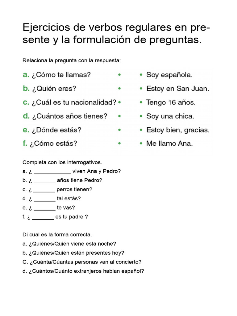 Ejercicios de Verbos Regulares en | PDF