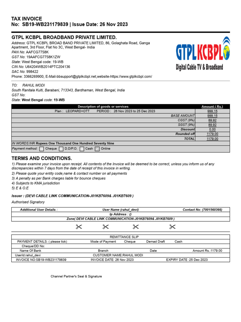 GTPL KCBPL Invoice 26.11.2023 | PDF | Invoice | Cheque