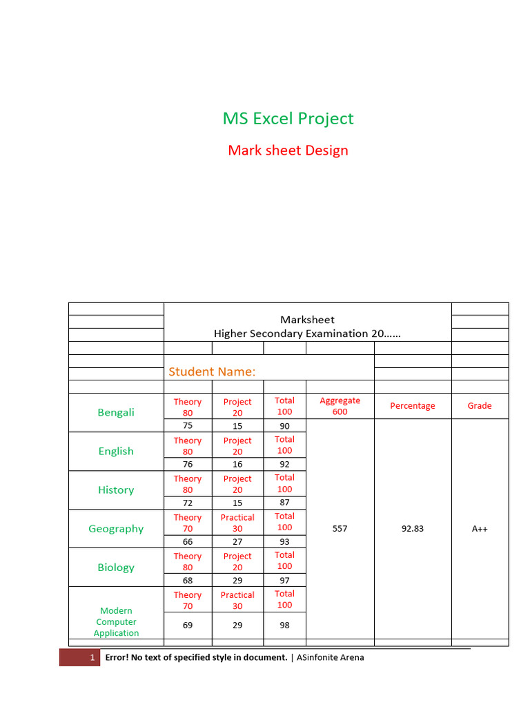 MS Excel Project Marksheet | PDF | Science