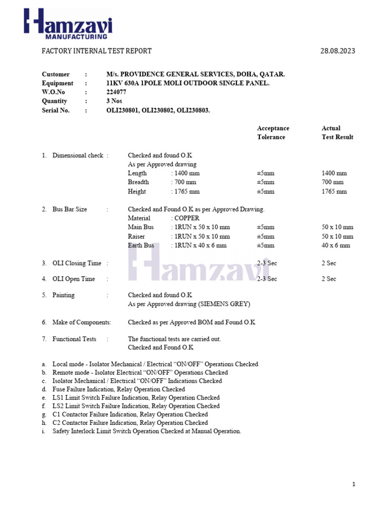 Factory Internal Test Report 28.08.2023 | PDF | Electrical Resistance ...