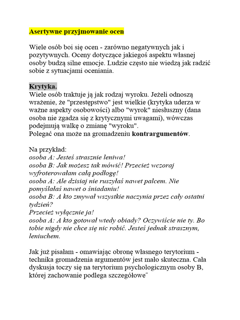 Asertywne Przyjmowanie Ocen | PDF