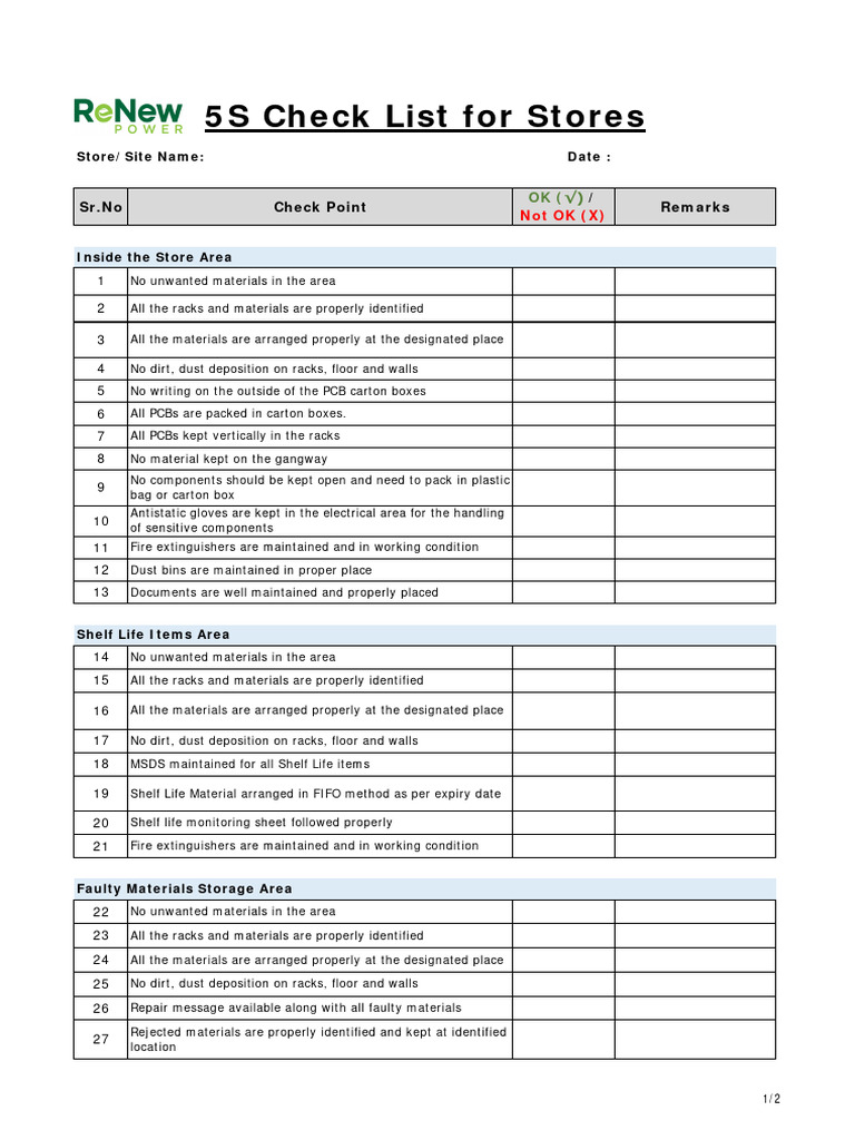 5S Store Audit Checklist Template | PDF | Materials | Safety