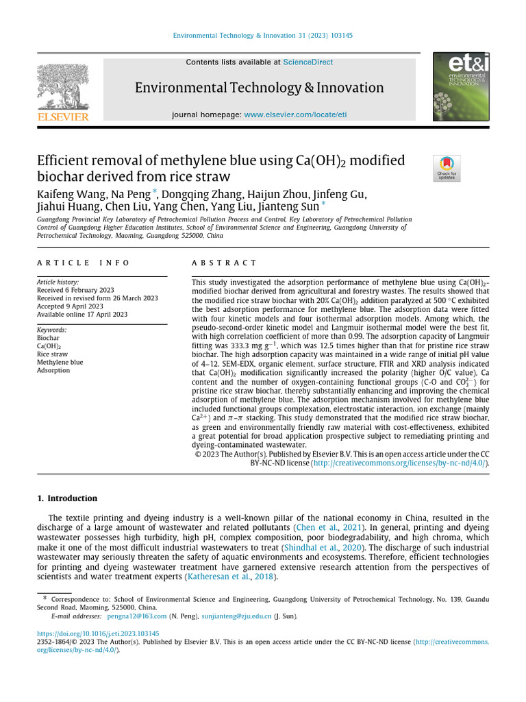 Efficient Removal of Methylene Blue Using CA (OH) 2 Modified Biochar ...