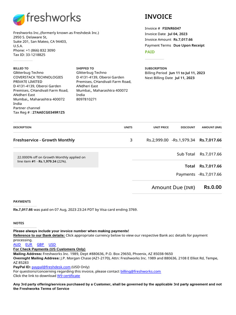 Freshservice-Inr Invoice 16A6aDTmKYKwj1HZG | PDF | Invoice | Payments