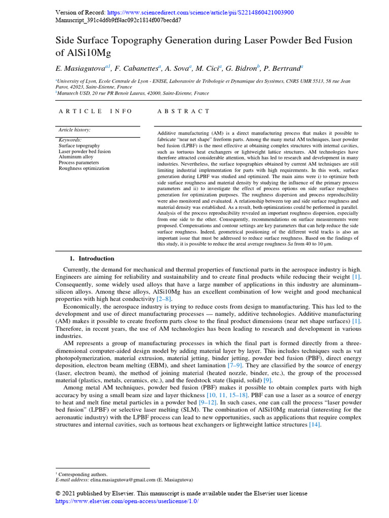 Masiagutova Et Al. (2021) - Side Surface Topography Generation During Laser Powder Bed Fusion of ...