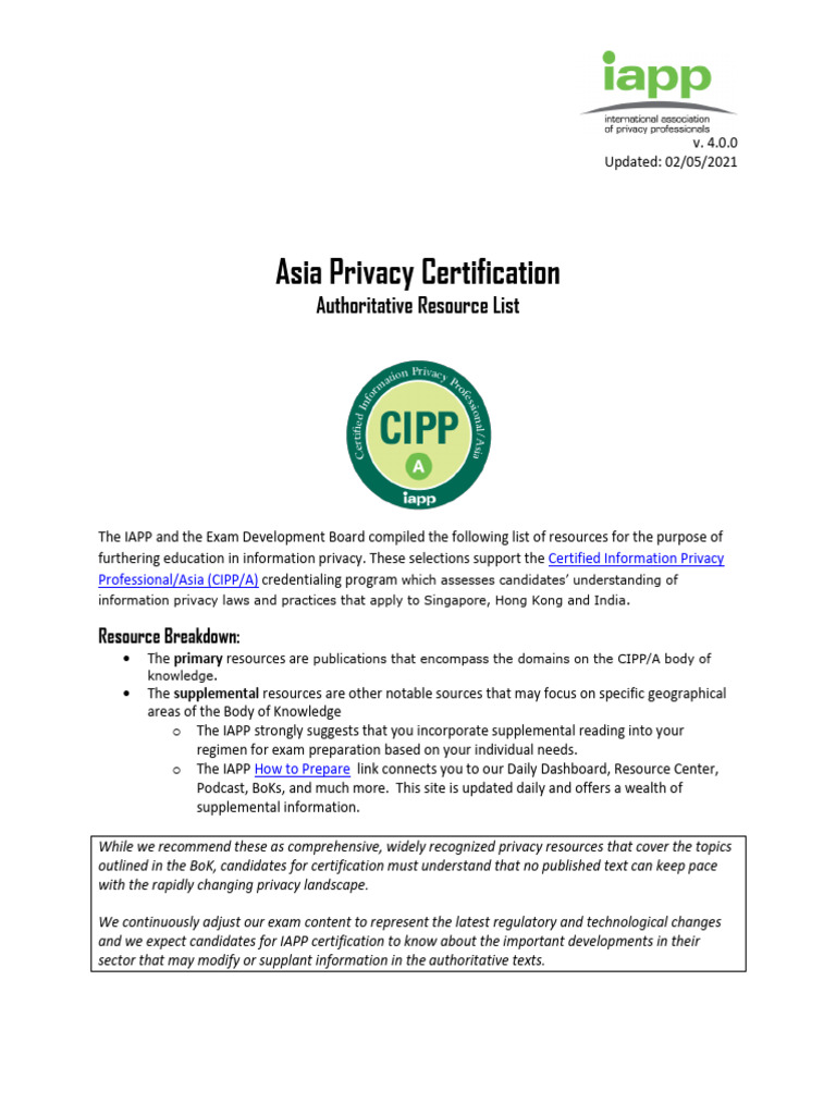 Cipp A Authoritative Resource List 40 Pdf Privacy Information 5868
