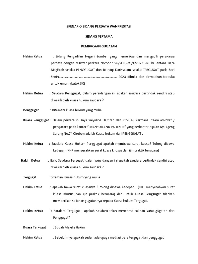 Skenario Sidang Perdata Wanprestasi | PDF