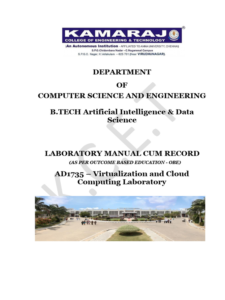 AD1735 - Virtualization and Cloud Computing Lab Manual | PDF | Open Stack | Cloud Computing