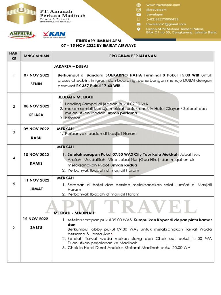 Itinerary Umrah 9 Hari APM Travel | PDF