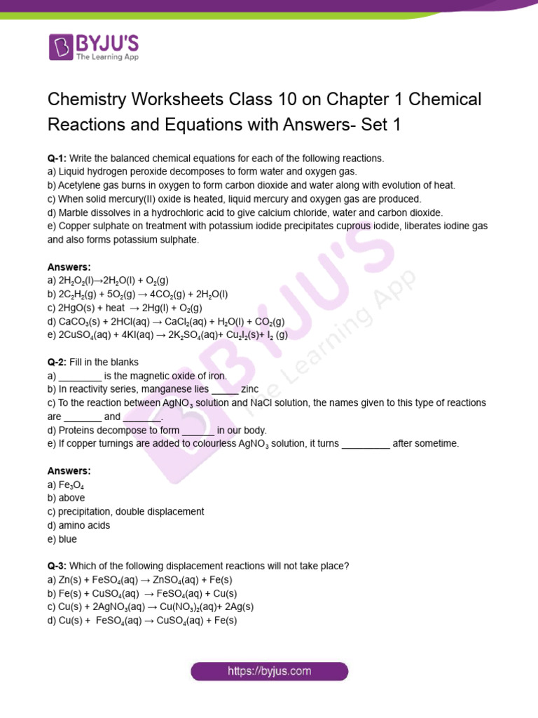 Chemical Reactions and Equations With Answers Set 1 | PDF | Redox ...