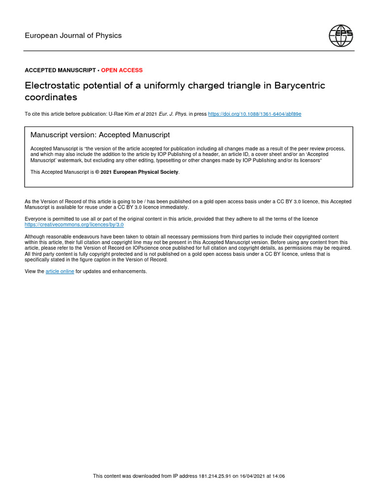Electrostatic Potential of A Uniformly Charged Tri | PDF | Finite ...