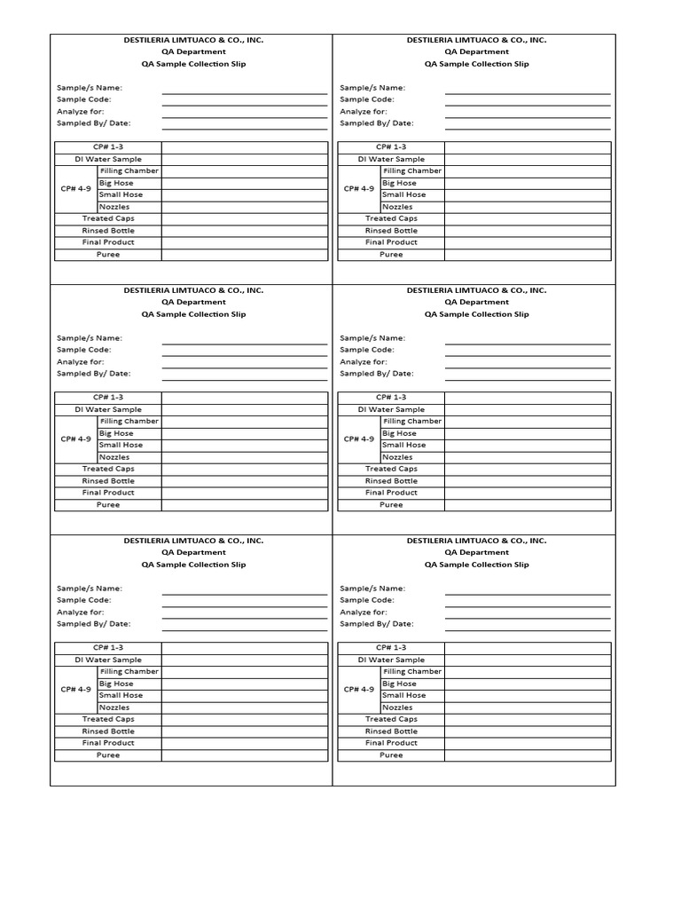 Form - DLCI-QA-xxrev.00 QA Sample Collection Slip | PDF