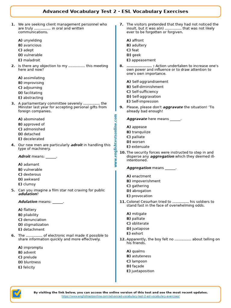 651 Advanced Vocabulary Test 2 Esl Vocabulary Exercises | PDF